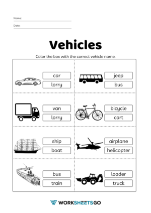 Vehicles Worksheet | WorksheetsGO