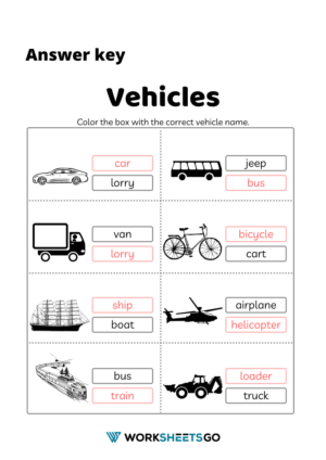 Vehicles Worksheet | WorksheetsGO