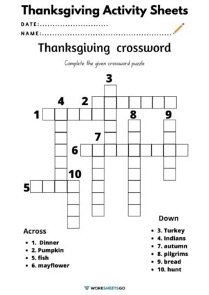 Thanksgiving Crossword Activity Sheets | WorksheetsGO
