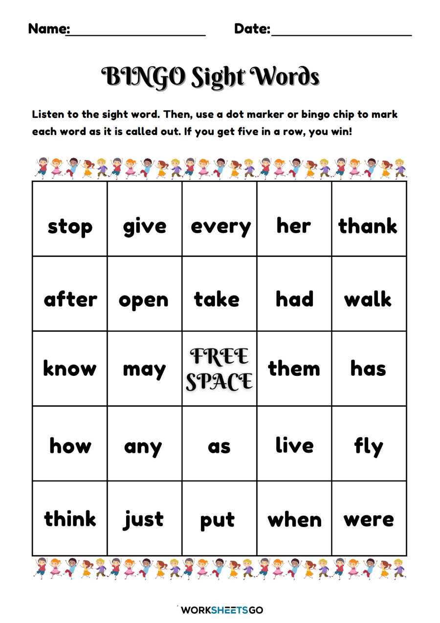 Bingo Sight Words Worksheets | WorksheetsGO