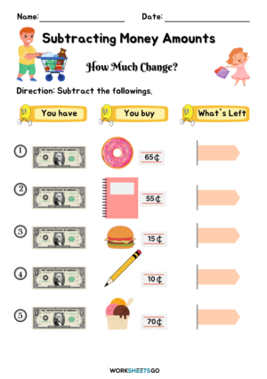 Subtracting Money Amounts Worksheets | WorksheetsGO