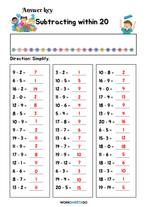 Subtracting Within 20 Worksheets | WorksheetsGO