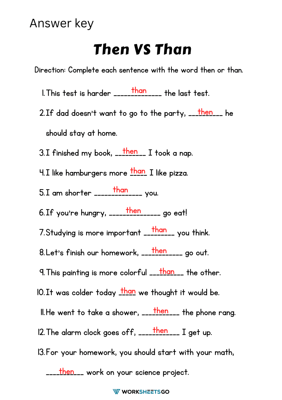 Then vs Than Worksheets | WorksheetsGO Then vs Than Worksheets | WorksheetsGO