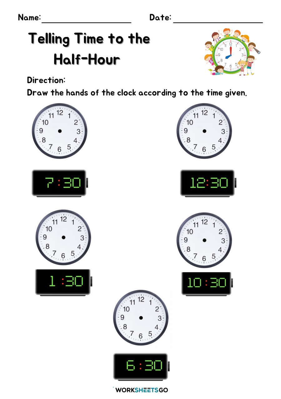 Telling Time To The Half Hour Worksheets WorksheetsGO