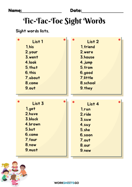 Tic-Tac-Toe Sight Words Worksheets | WorksheetsGO