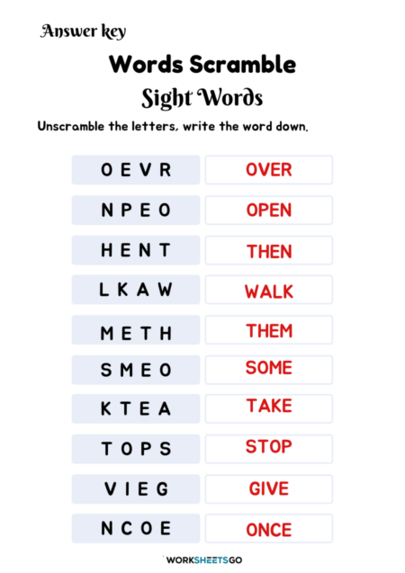 Words Scramble Sight Words Worksheets | WorksheetsGO