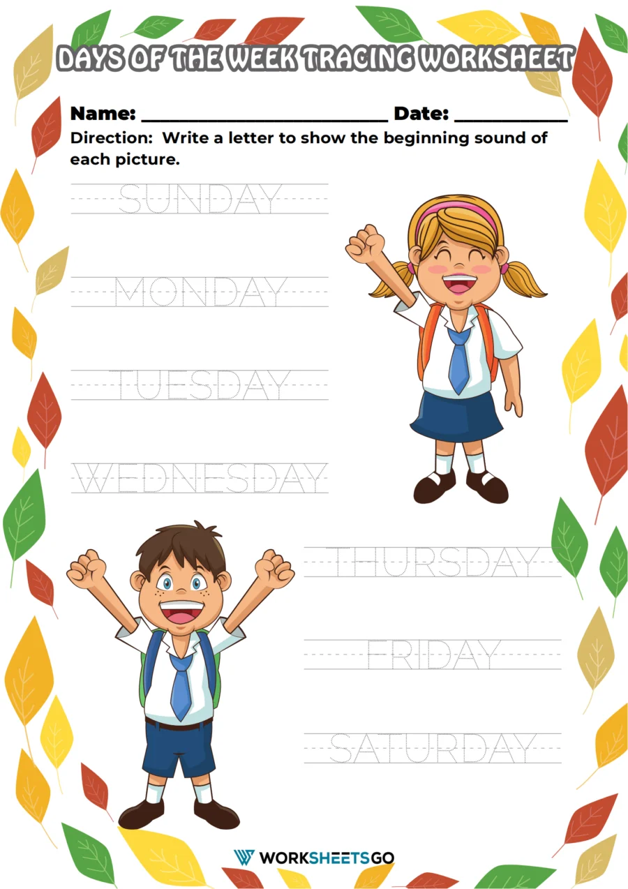 Days Of The Week Tracing Worksheets