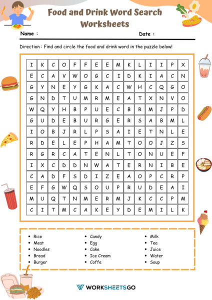 Food and Drink Word Search Worksheets | WorksheetsGO