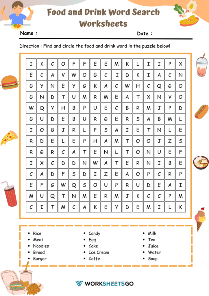 Food and Drink Word Search Worksheets | WorksheetsGO