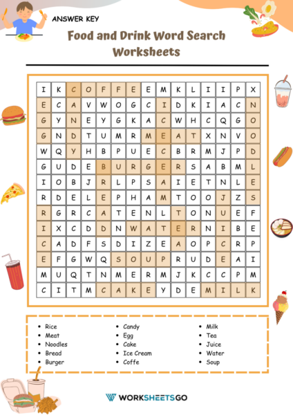 Food and Drink Word Search Worksheets | WorksheetsGO