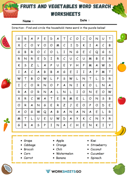 Fruits and Vegetables Word Search Worksheets | WorksheetsGO