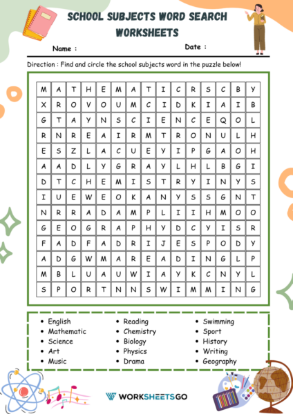 School Subjects Word Search Worksheets | WorksheetsGO