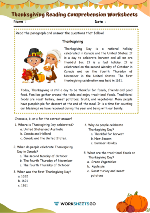 Thanksgiving Reading Comprehension Worksheets | WorksheetsGO