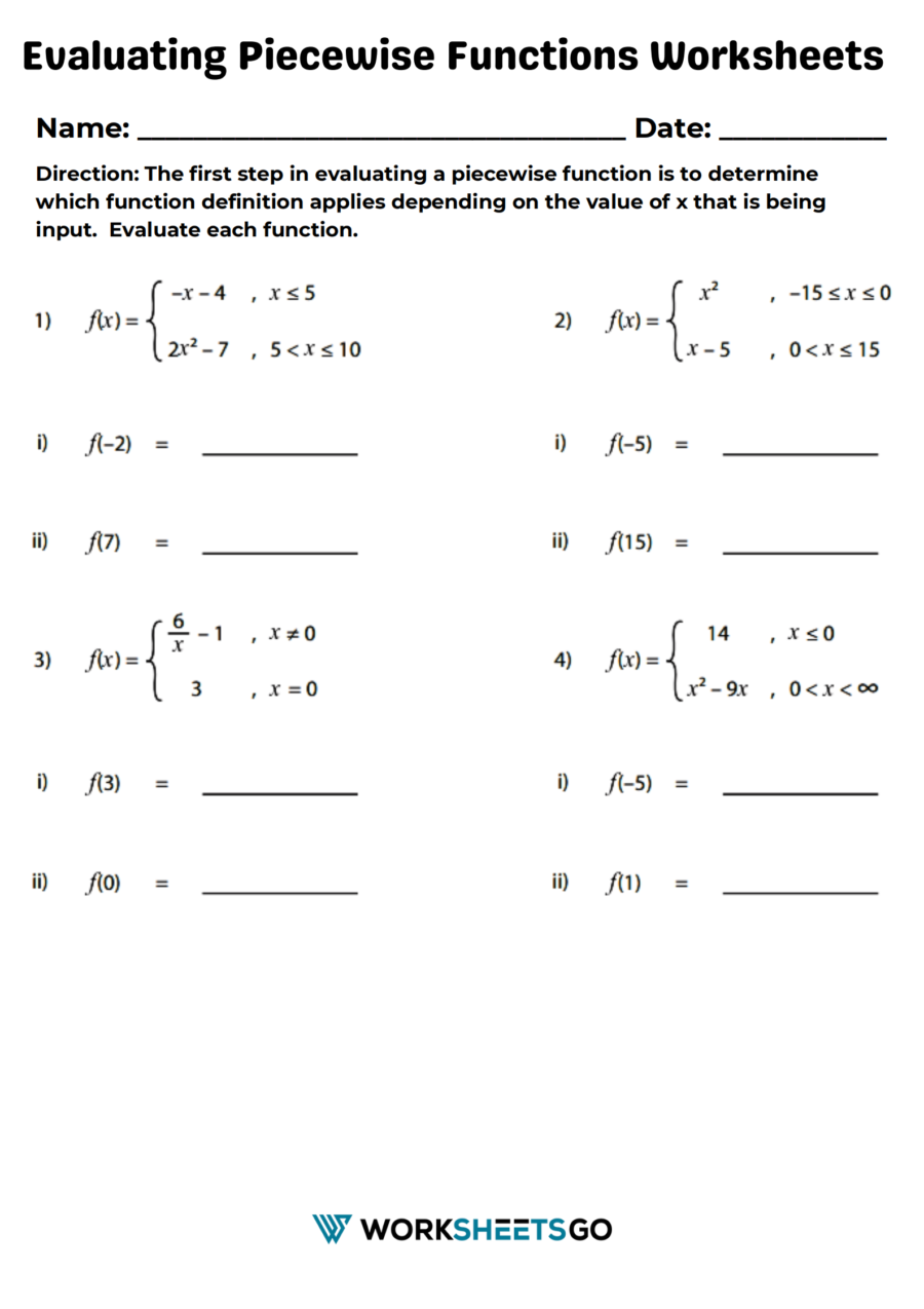 Evaluating Piecewise Functions Worksheets WorksheetsGO