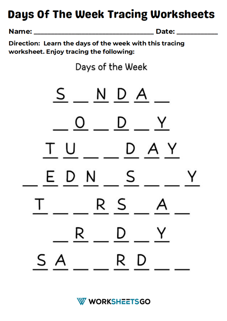 Days Of The Week Tracing Worksheets | WorksheetsGO
