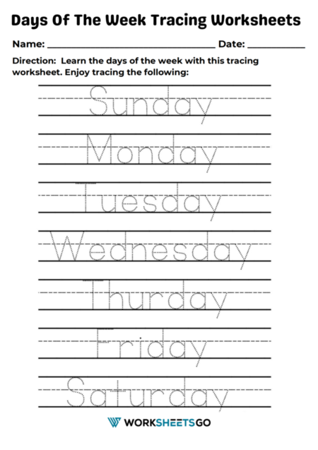 Days Of The Week Tracing Worksheets | WorksheetsGO