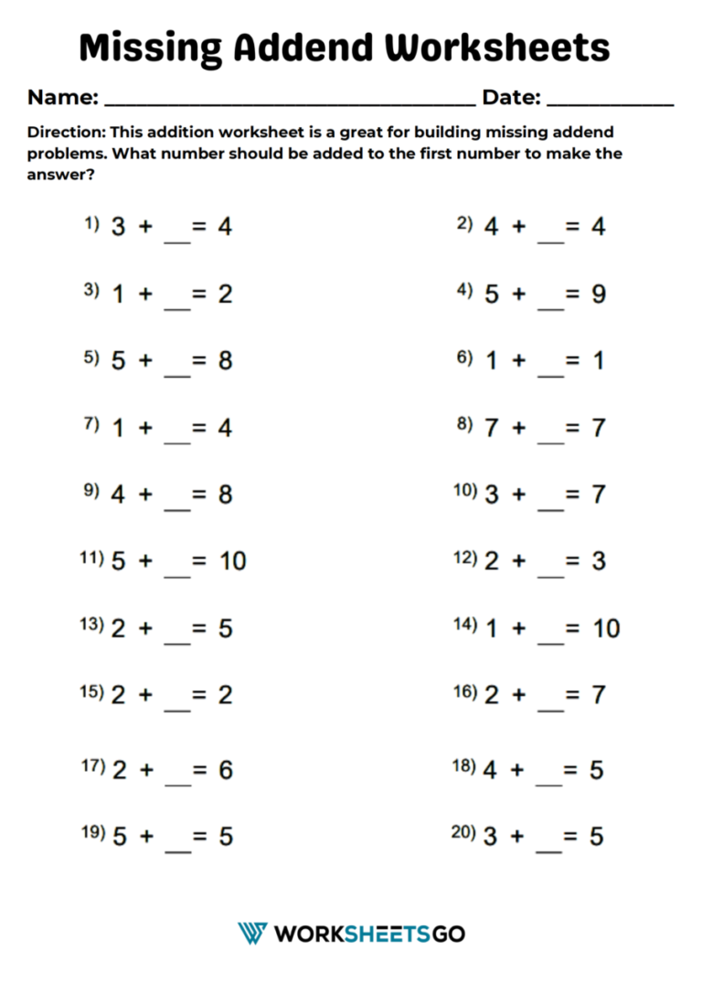 Missing Addend Worksheets | WorksheetsGO