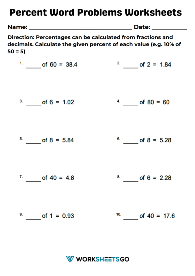 Percent Word Problems Worksheets WorksheetsGO Percent Word Problems Worksheets WorksheetsGO