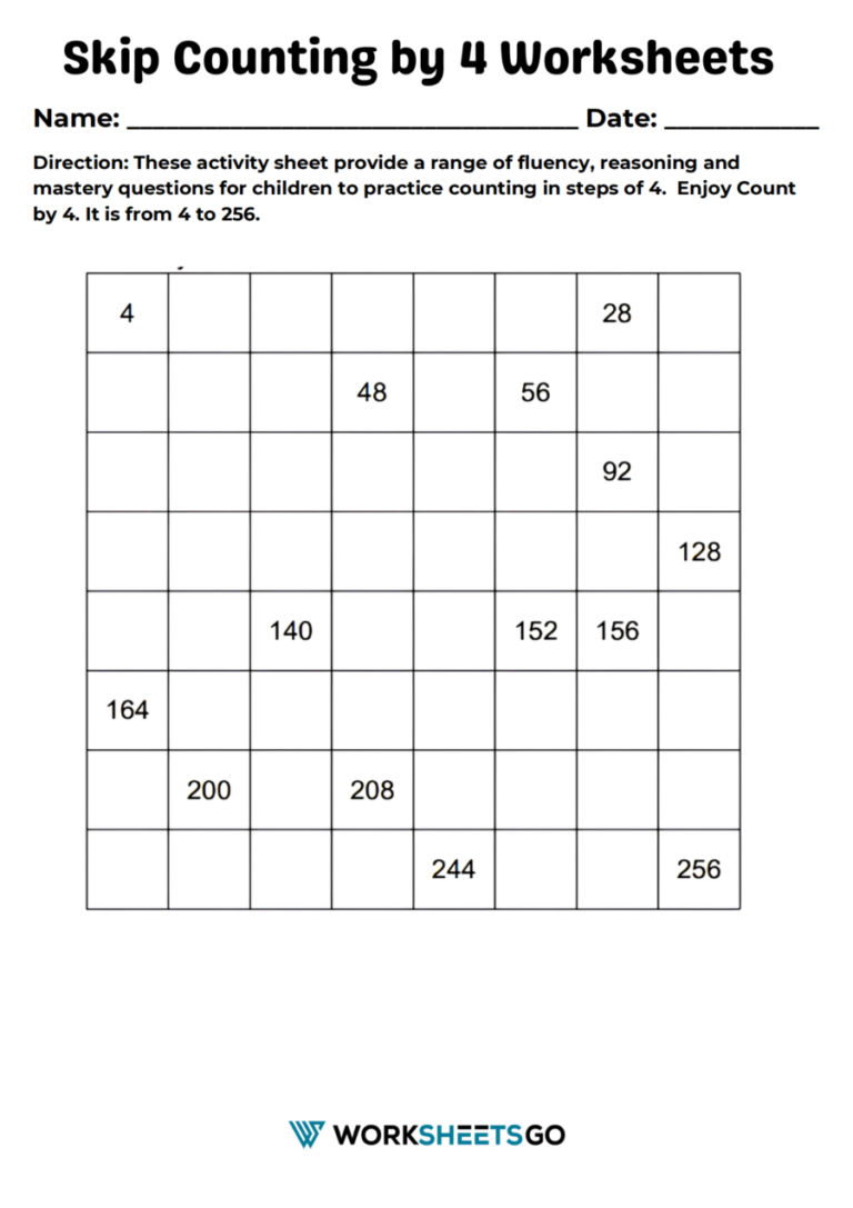 Skip Counting by 4 Worksheets | WorksheetsGO