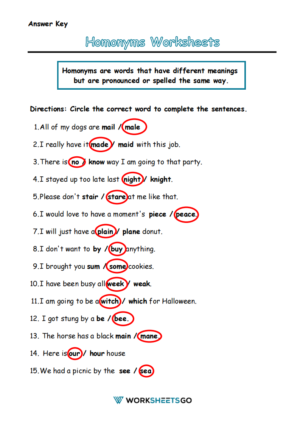Homonyms Worksheets | WorksheetsGO