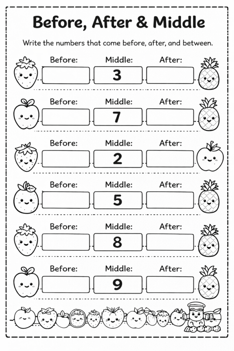 Number Order Fun: Before & After Up to 10 for Nursery Kids Worksheets ...