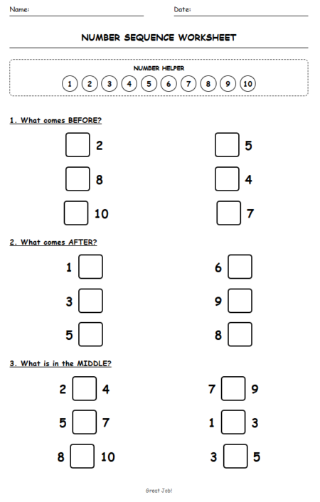 Number Order Fun: Before & After Up to 10 for Nursery Kids Worksheets ...